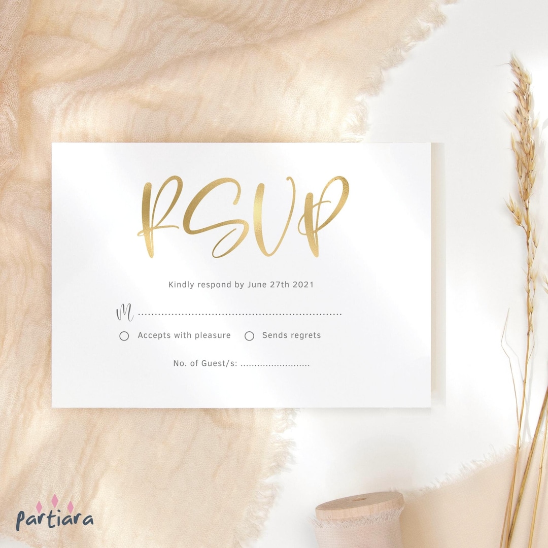 Elegant RSVP Card Editable Template All White Gold Birthday Party Invitation Inserts Printable ...