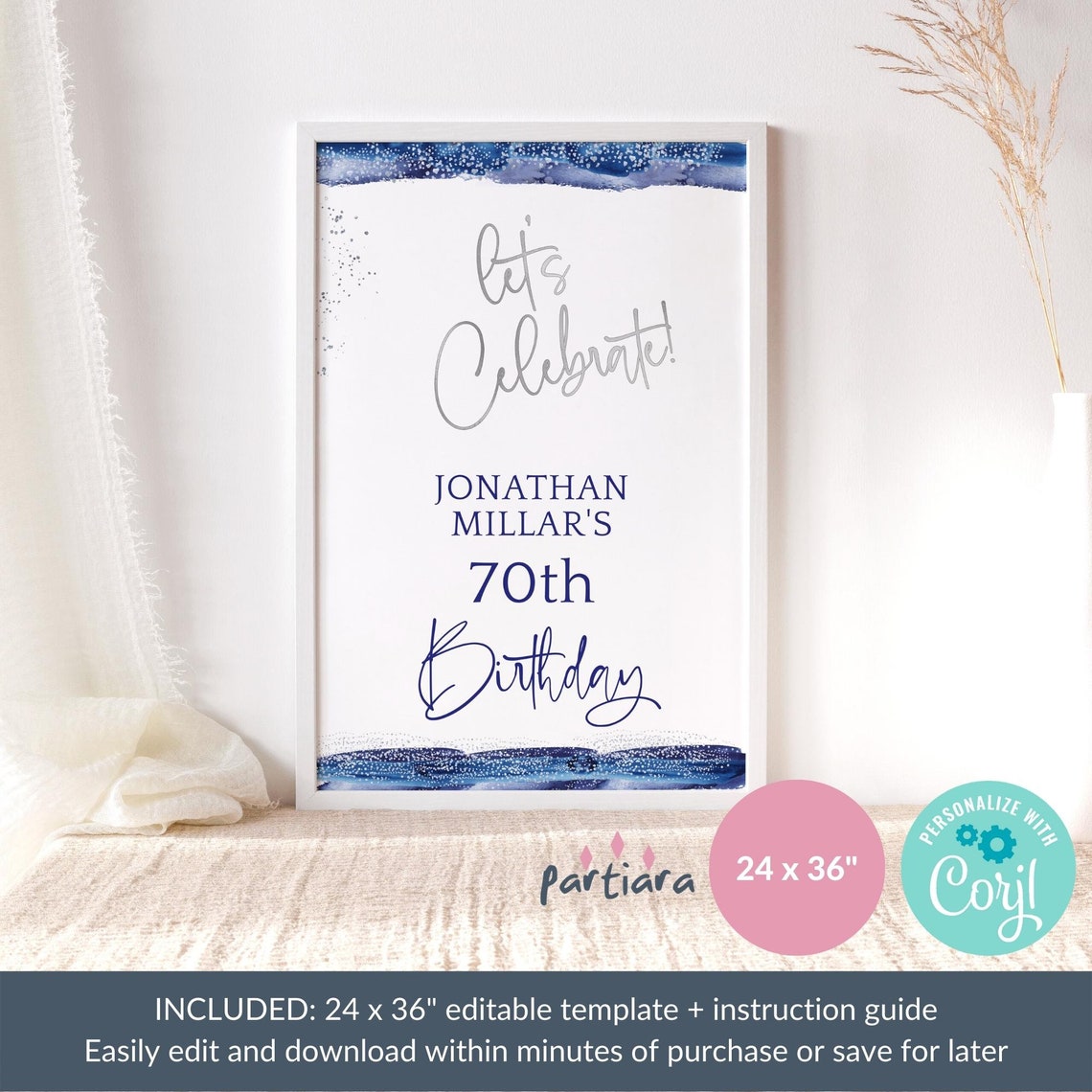 Editable Welcome Sign Template: Lets Celebrate Dinner Party Blue Silver ...
