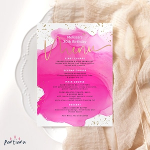 Hot Pink Gold Menu Card Printable Ladies Fuchsia Pink Dinner Party ...