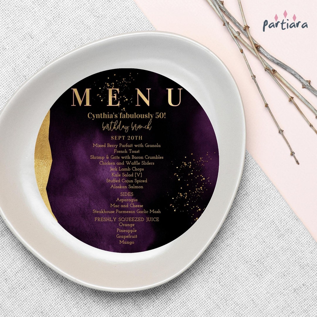 Purple Round Menu Card Printable, Charger Plate Menus, 21st Birthday ...