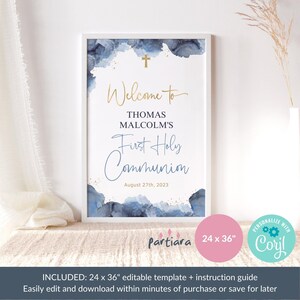First Holy Communion Welcome Sign Boy Navy Denim Blue and Gold Editable ...