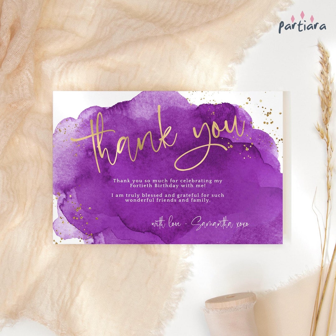 Purple Thank You Cards, Digital Thankyou Notecard, Birthday Thanks ...