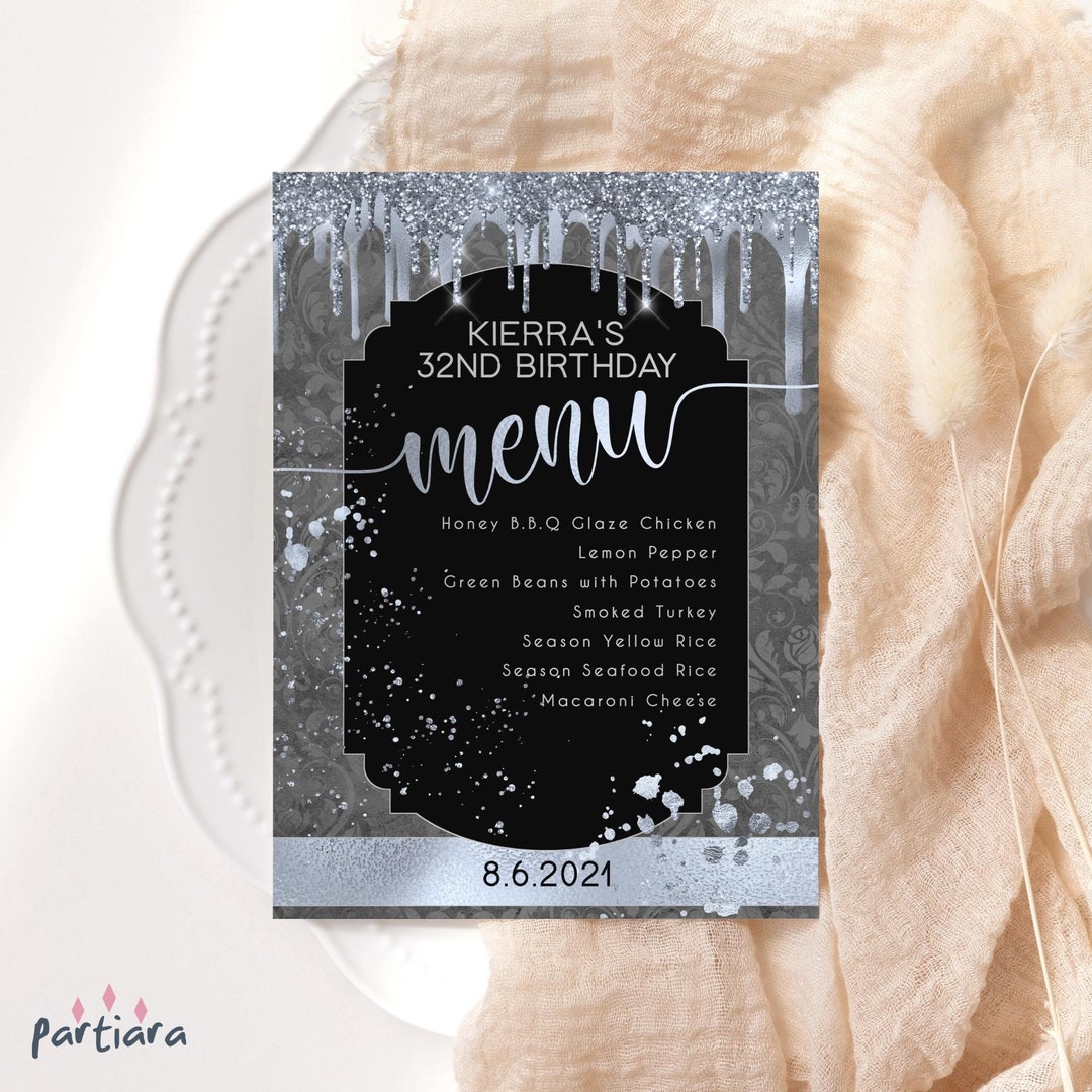 Silver Dinner Party Menu Printable, Birthday Table Menus for Men or ...