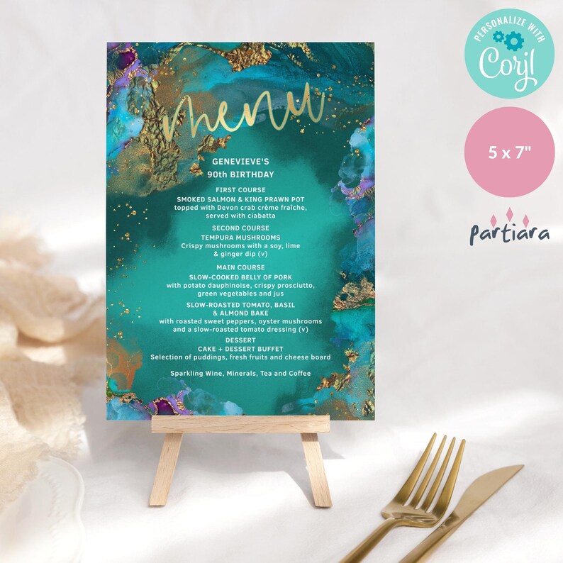 Emerald Gold Menu Card Birthday Dinner Party Menus Printable - Etsy