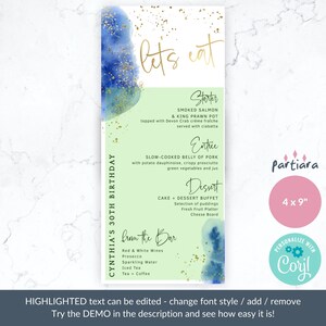 Editable Blue Menu Template, Royal Blue Birthday Menus Printable ...