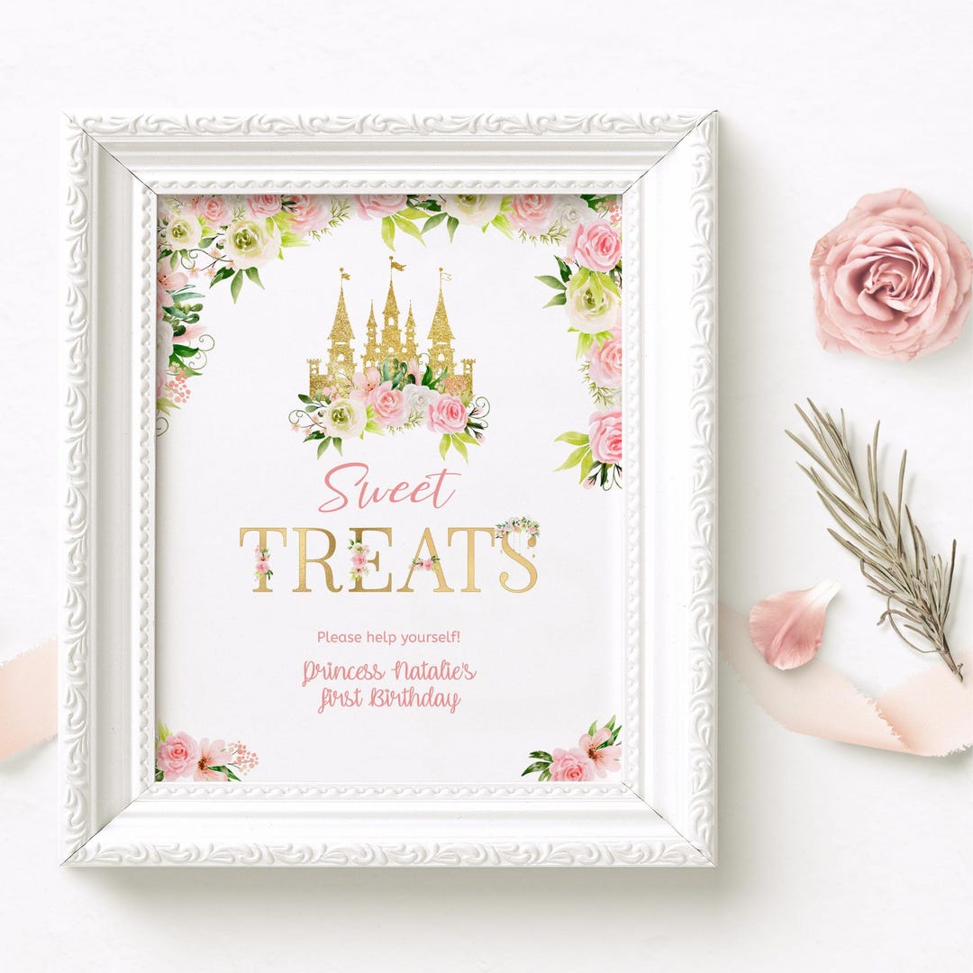 Princess Sweet Treats Table Sign, Pink Gold Floral Castle Decor ...