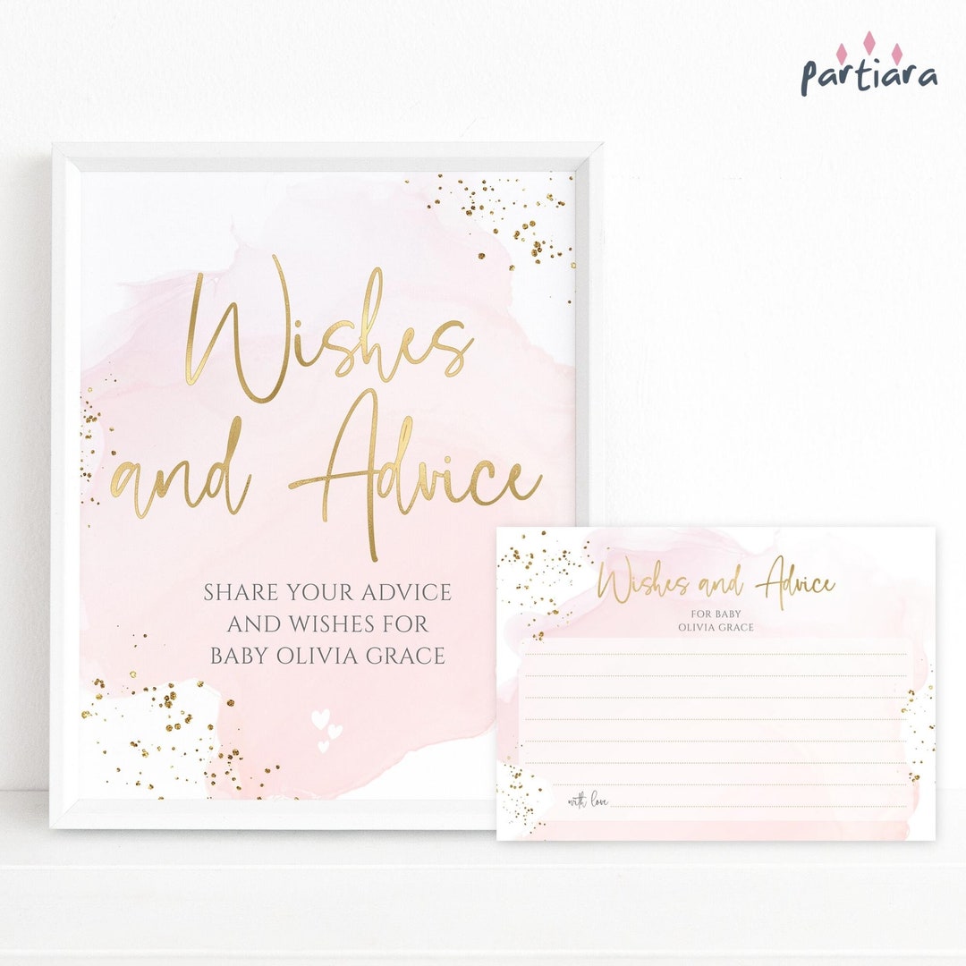 Pastel Blush Pink Wishes and Advice Sign and Notecard Set Girl Baby ...