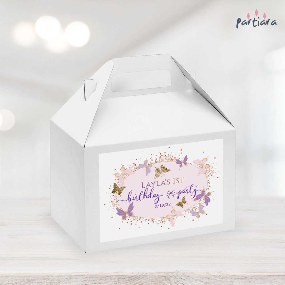Butterfly Birthday Labels, Gable Box Gift Label Template, Girls 1st ...