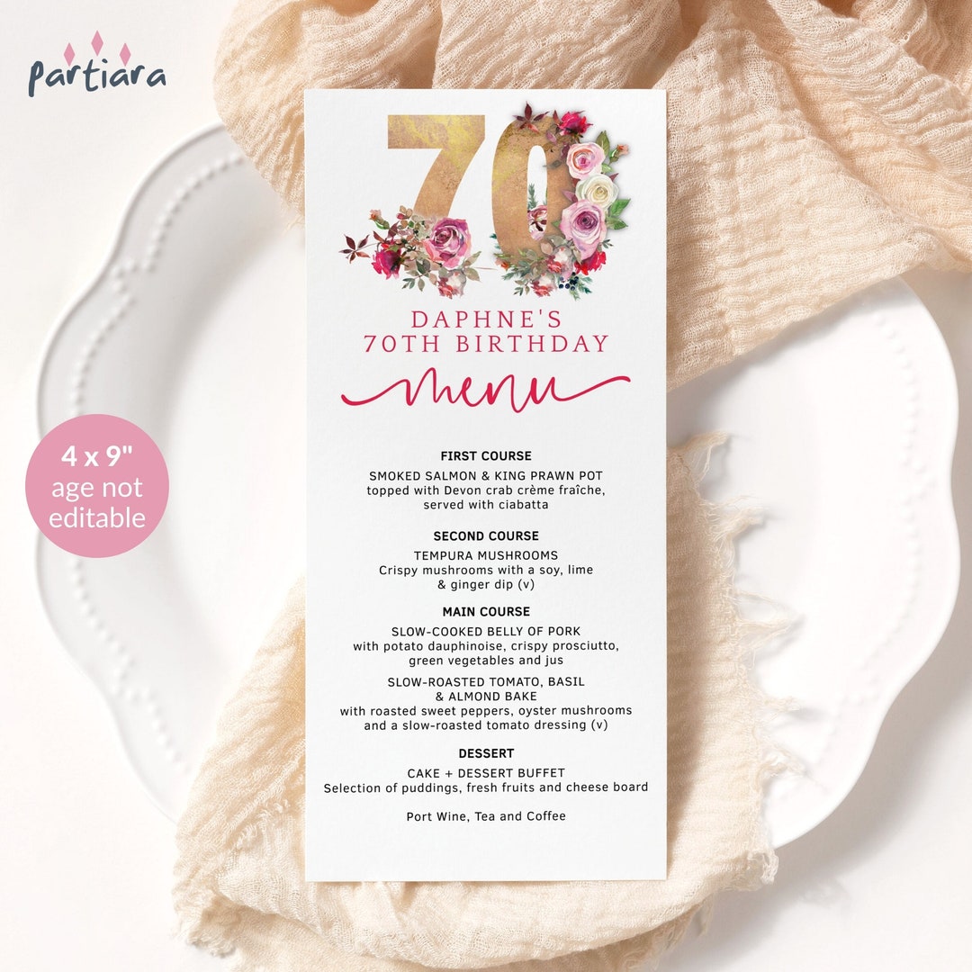 Floral 70th Birthday Menu Template, Editable Pink Red Rose Table Menus ...