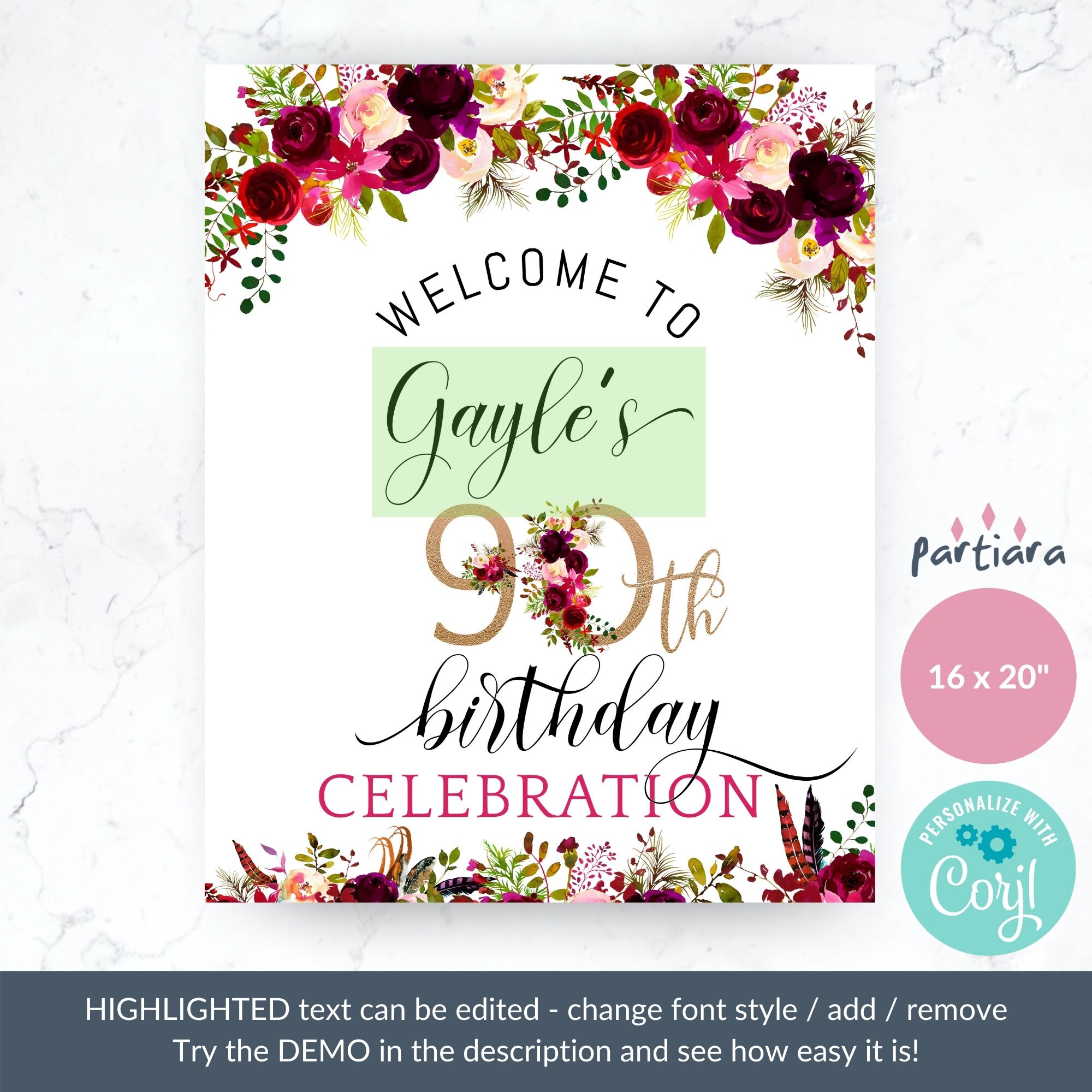 90th Birthday Sign, Welcome Party Poster Decoration Printable, Ladies ...