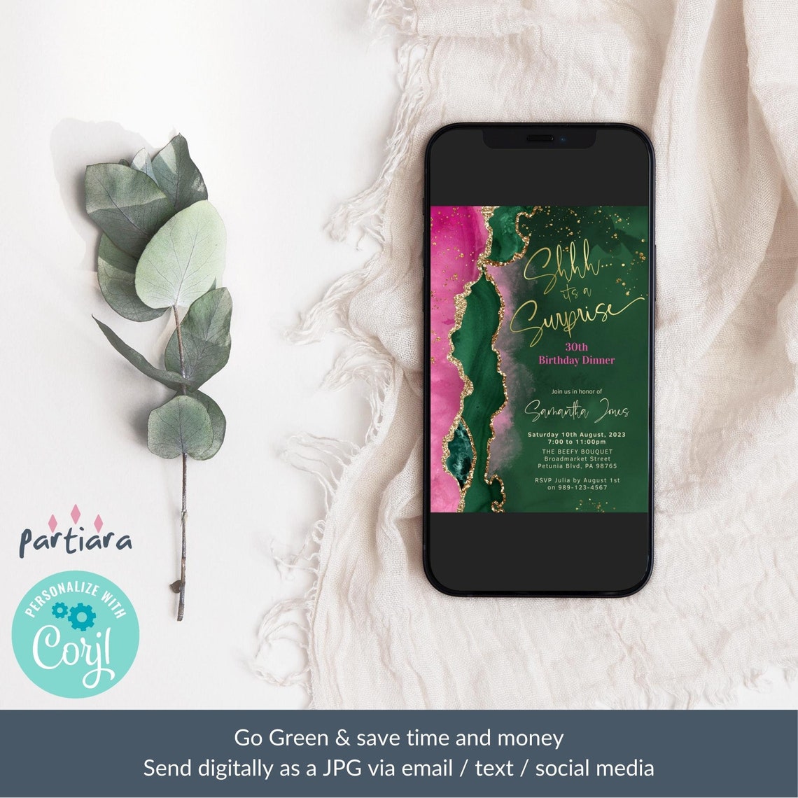 Pink Green Surprise Birthday Invite Ladies 30th Birthday Dinner Party ...