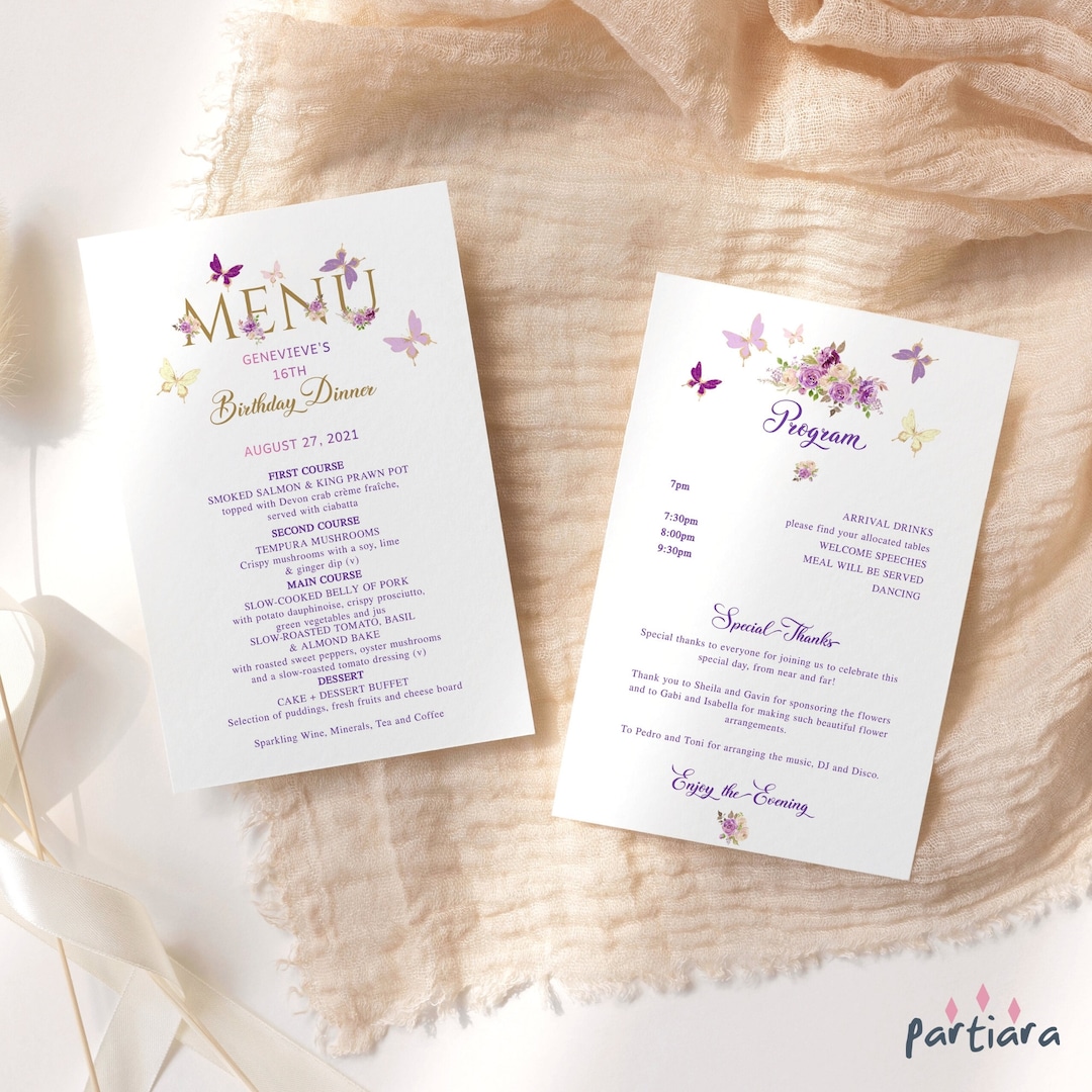 Sweet 16 Program Butterfly Menu Card Template Printable, Quinceanera ...