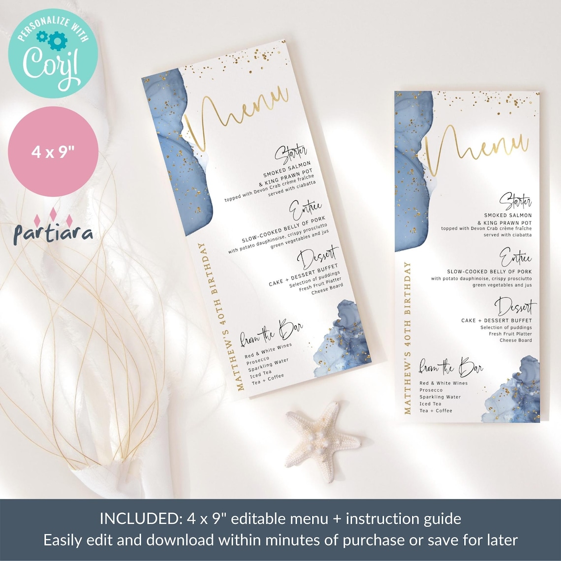 Navy Blue Gold Menu Card Editable Birthday Party Table Menus Printable ...
