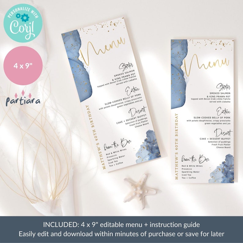 Navy Blue Gold Menu Card Editable Birthday Party Table Menus - Etsy