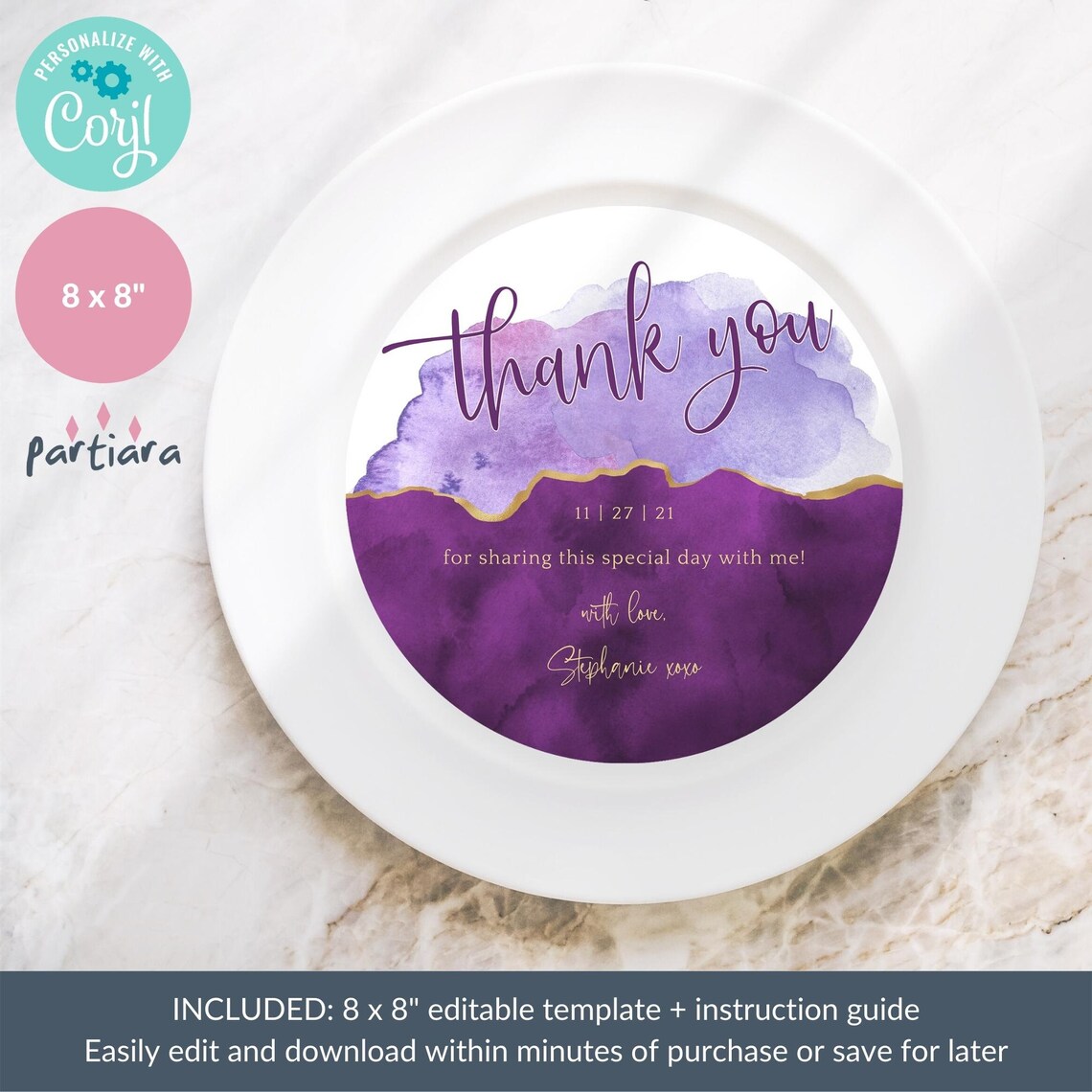 Editable Plate Charger Thank You Cards Purple Gold Round Table - Etsy