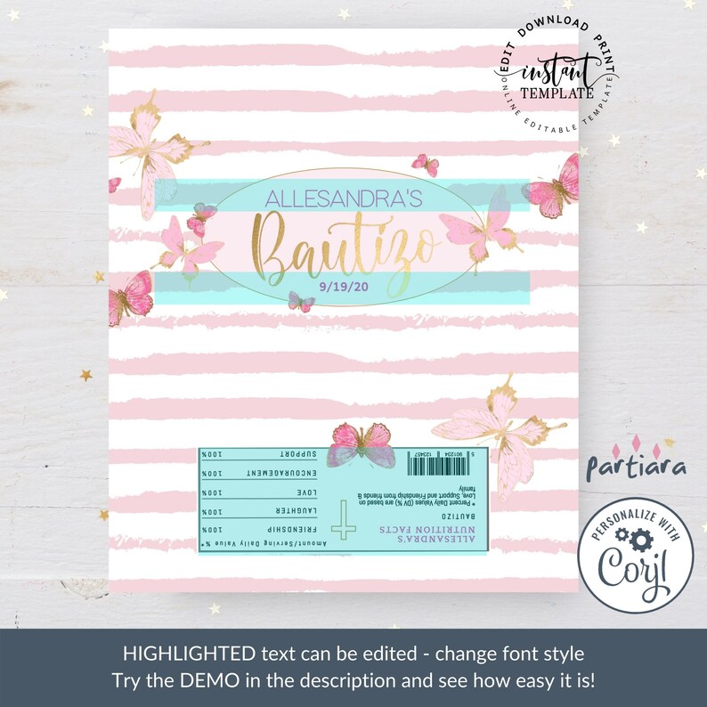 Pink Butterfly Water Bottle Labels Baptism Party Label Girls - Etsy