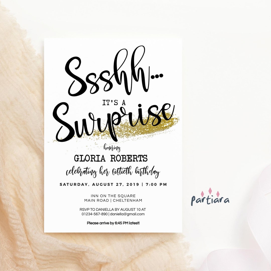 Ssshhh It's a Surprise Party Invite Digital Download Black and Gold ...