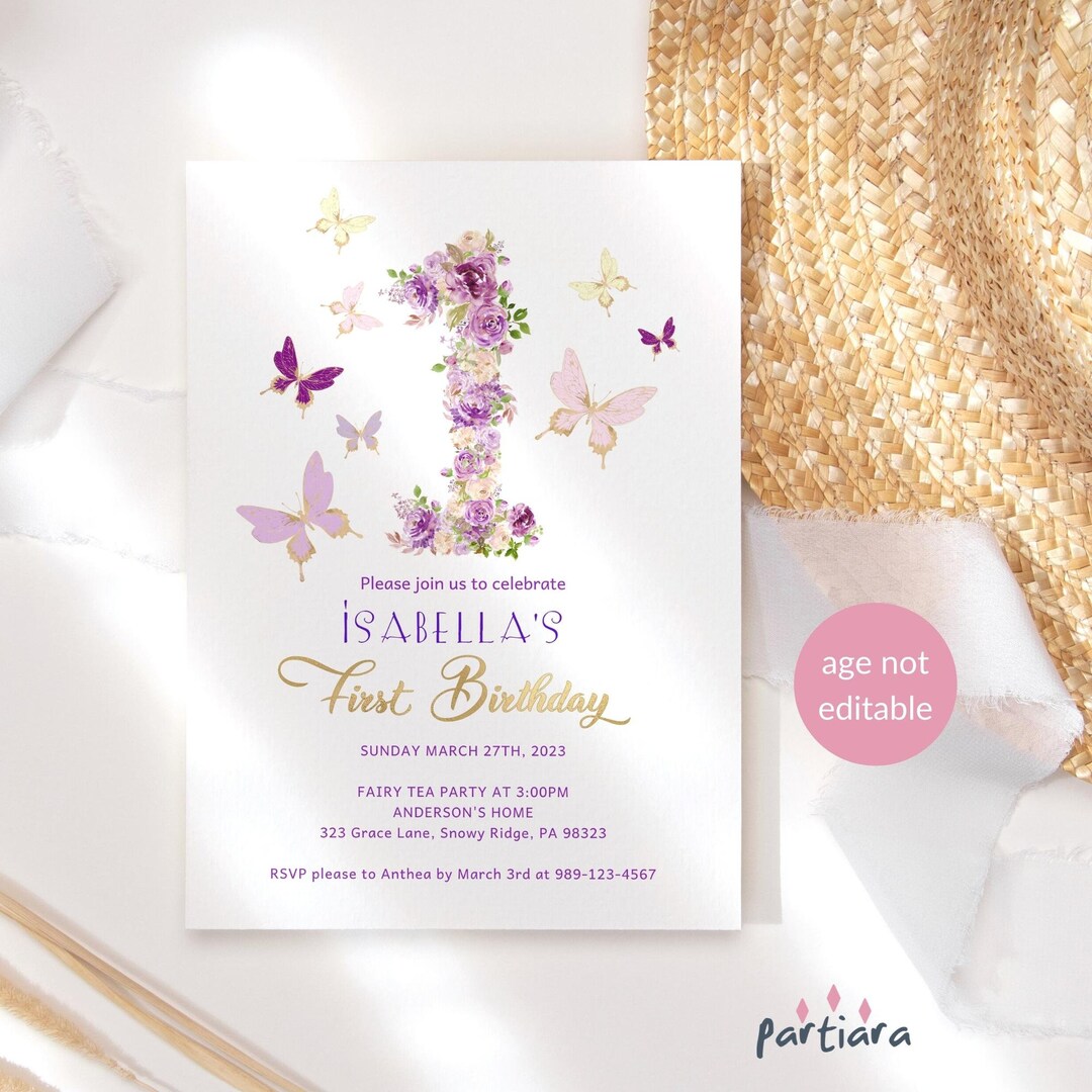 Butterfly 1st Birthday Invitation for Girls, Pink Purple Floral ...