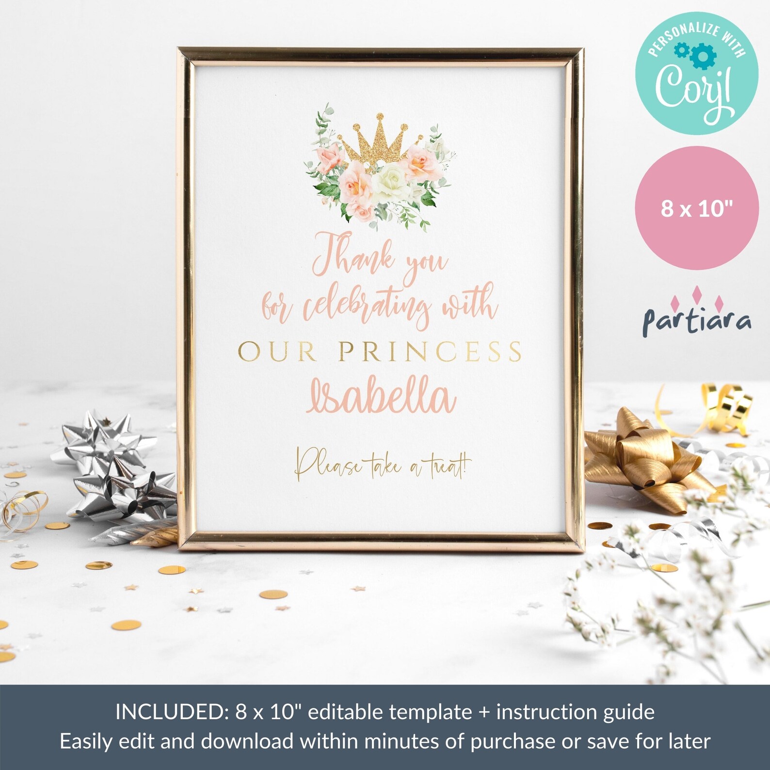 Baby Princess Party Favor Sign Girl Baby Shower Floral Tiara Favors ...