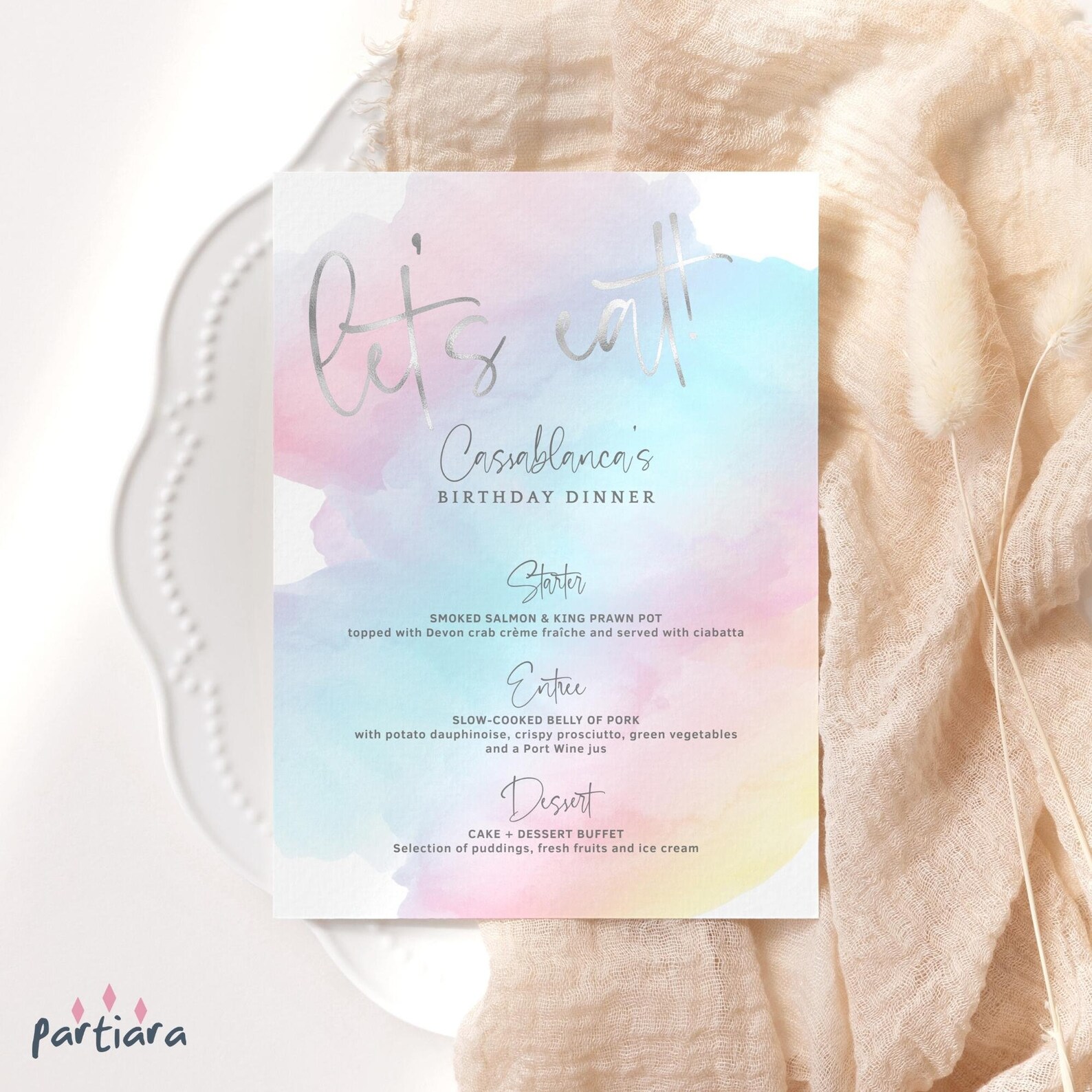 Pastel Birthday Menu Template, Girls Rainbow Party Table Menus ...