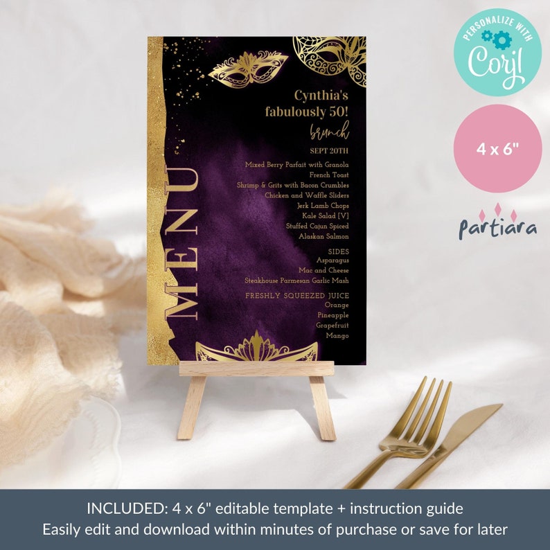Masquerade Menu Printable, Mardi Gras Themed Table Menus, Birthday ...