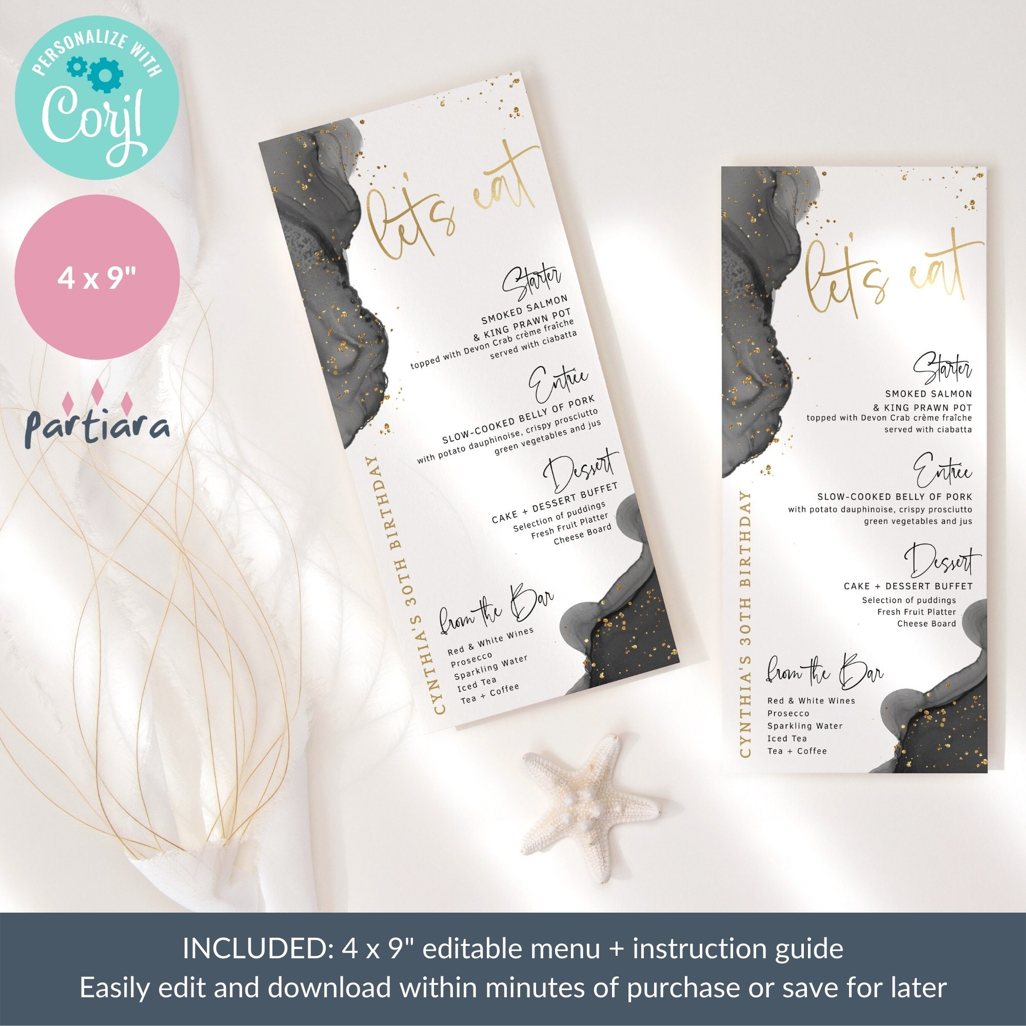 Mens Birthday Menu Card Editable Black and Gold Dinner Drinks ...
