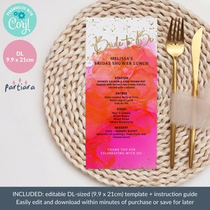 Bride to Be Menus, Bridal Shower Menu Cards, Editable Hot Pink Orange ...