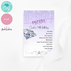 Editable Menu Ladies Birthday Diamonds Dinner Party Table Menus ...