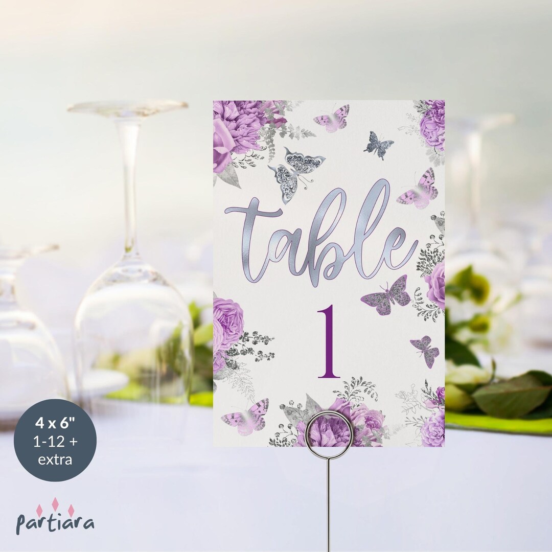 Butterfly Table Numbers Purple Silver Birthday Butterflies Party ...