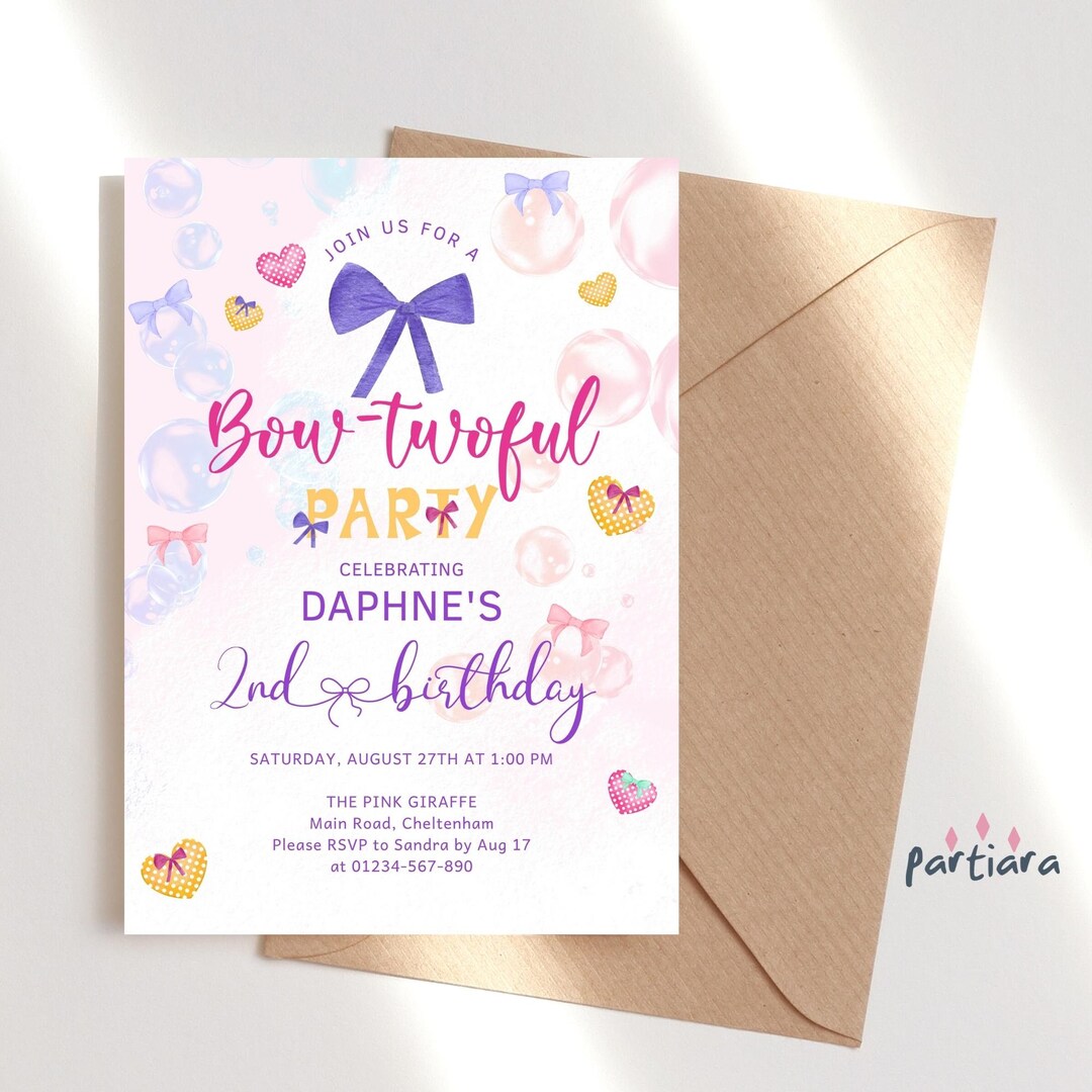 Girl 2nd Birthday Invitation Editable Bows and Bubbles Party Invite ...