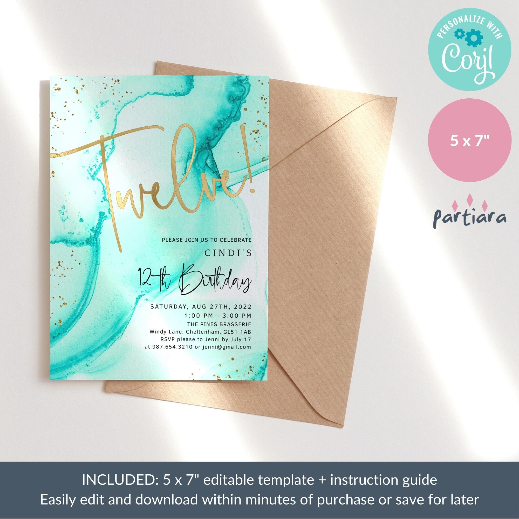Editable Girls 12th Birthday Invite Turquoise Sea Green Gold - Etsy ...