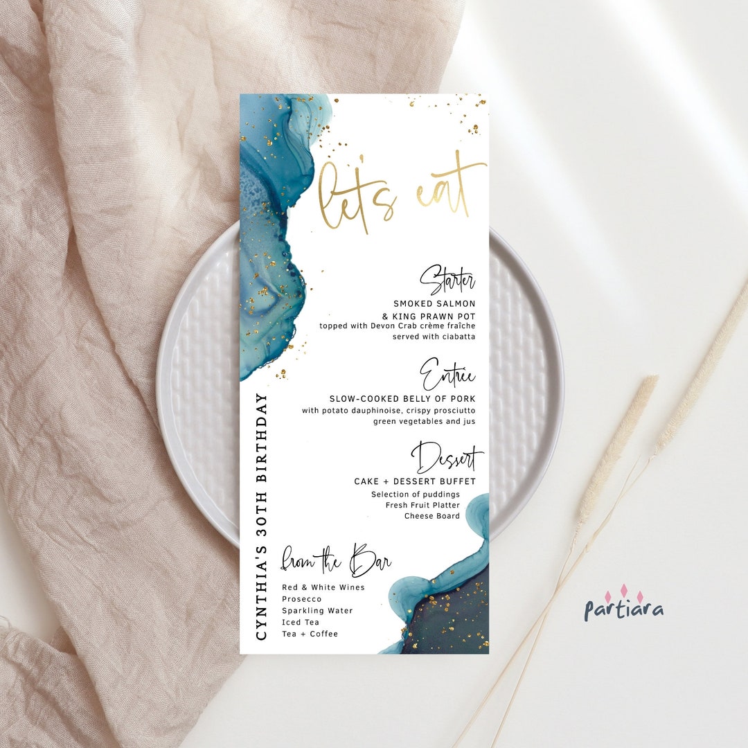 Teal Gold Birthday Menu Card Editable DIY Template Printable Bridal ...