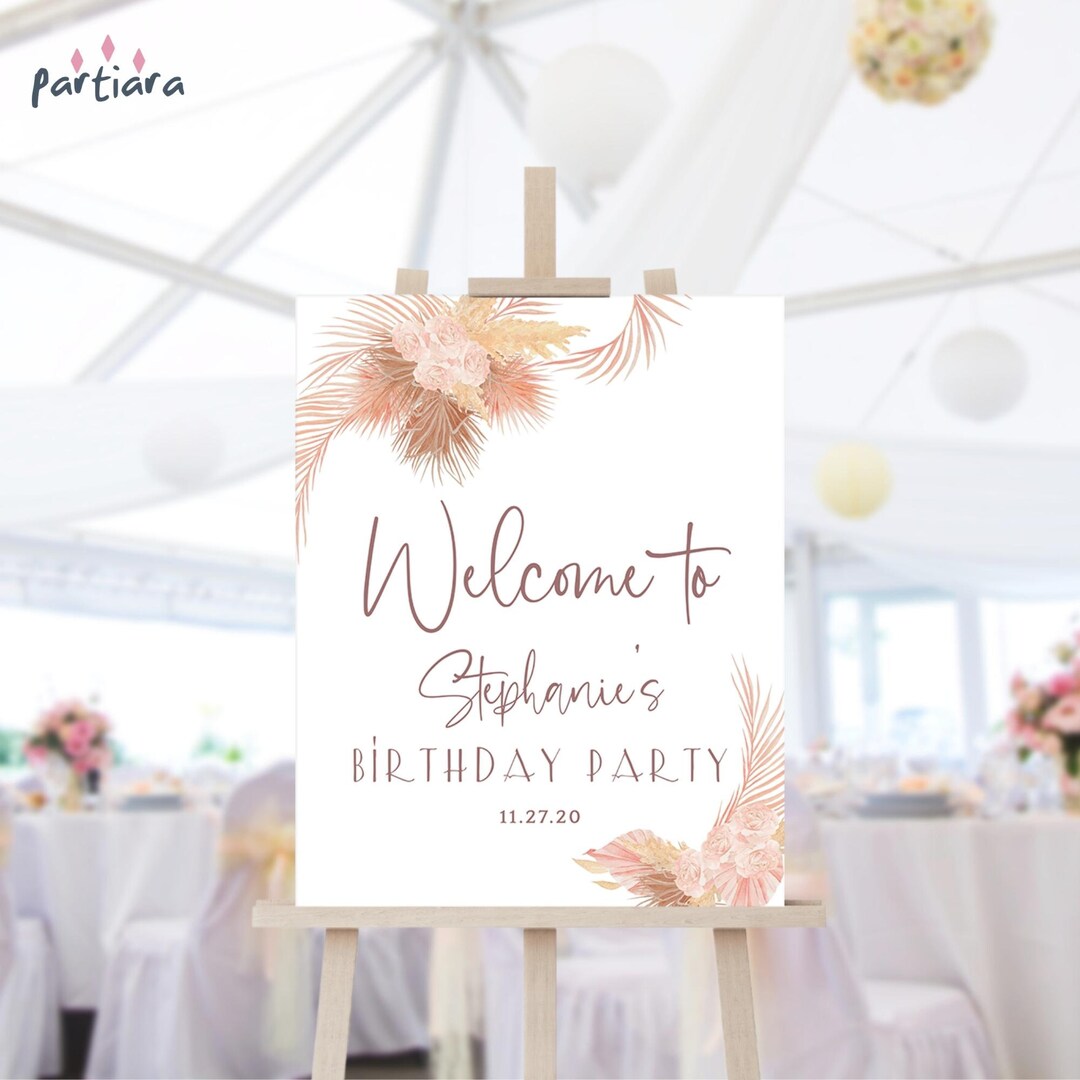 Boho Birthday Sign Blush Pink Peach Pampas Grass Welcome Party Poster ...