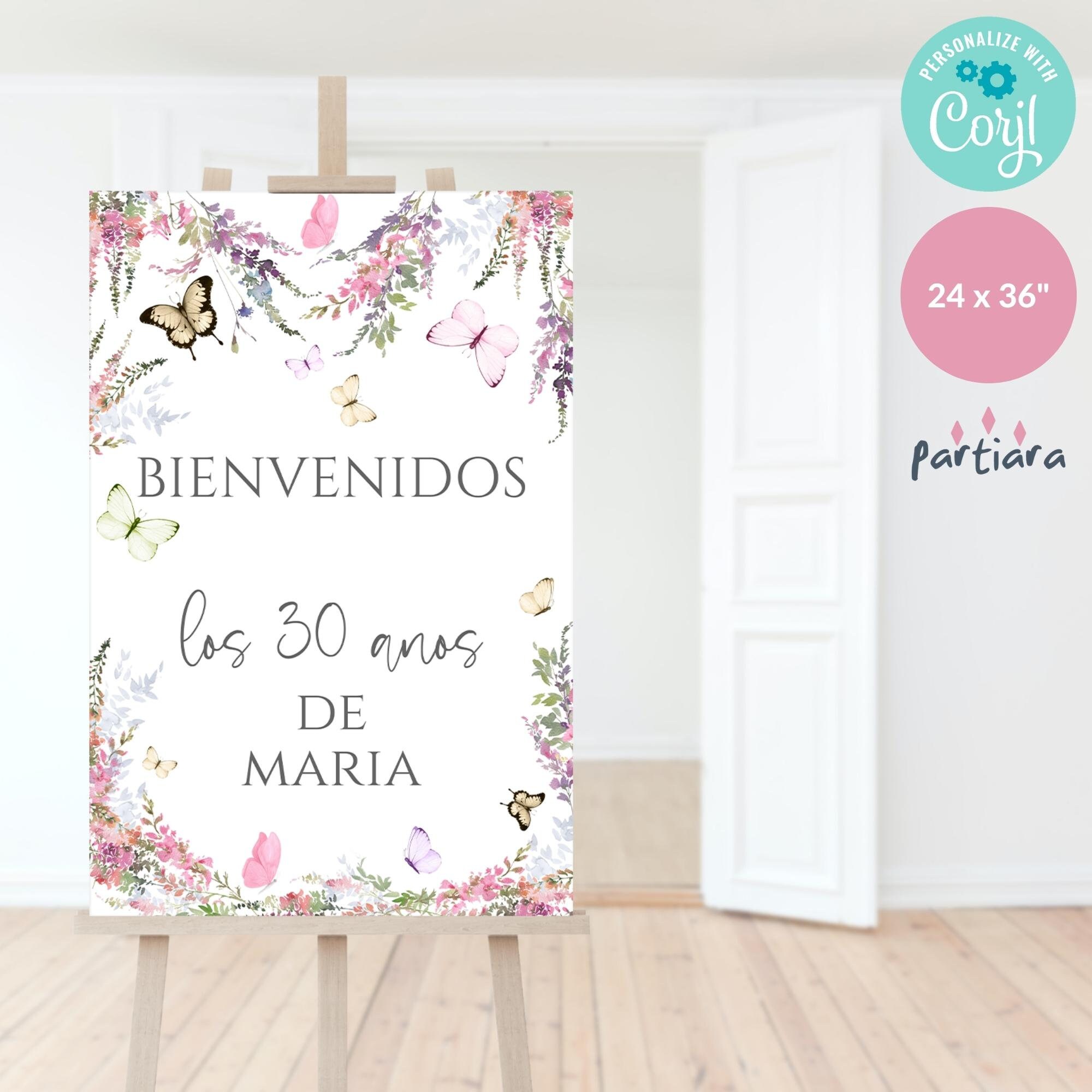 Spanish Birthday Sign, Welcome Butterfly Floral Party Poster Printable ...