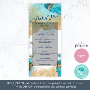 Turquoise Menu Card Template, Birthday Dinner Party Table Menus ...