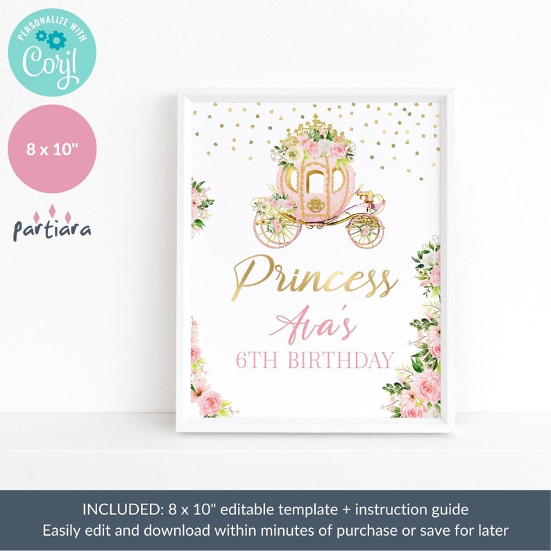 Editable Princess Party Sign Template: Girls Pink Fairytale Table ...