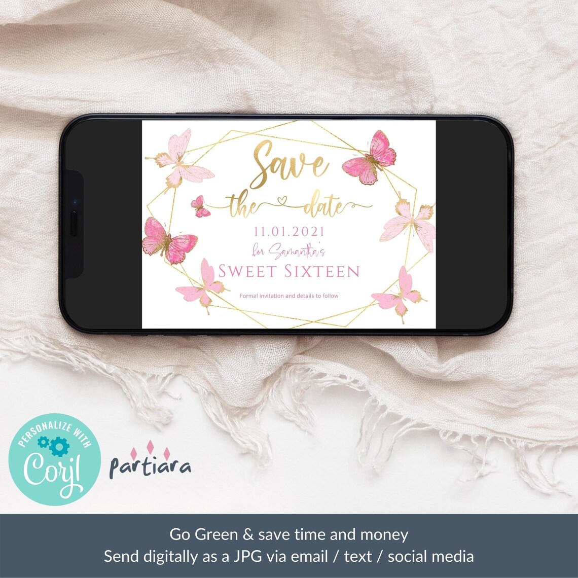 Butterfly Save the Date Card Printable Girl Sweet 16 Quinceanera Pink ...