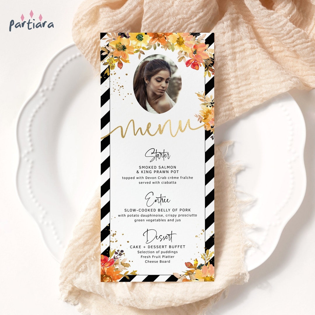 Editable Orange Floral Menu Card Printable, Photo Birthday Menus ...