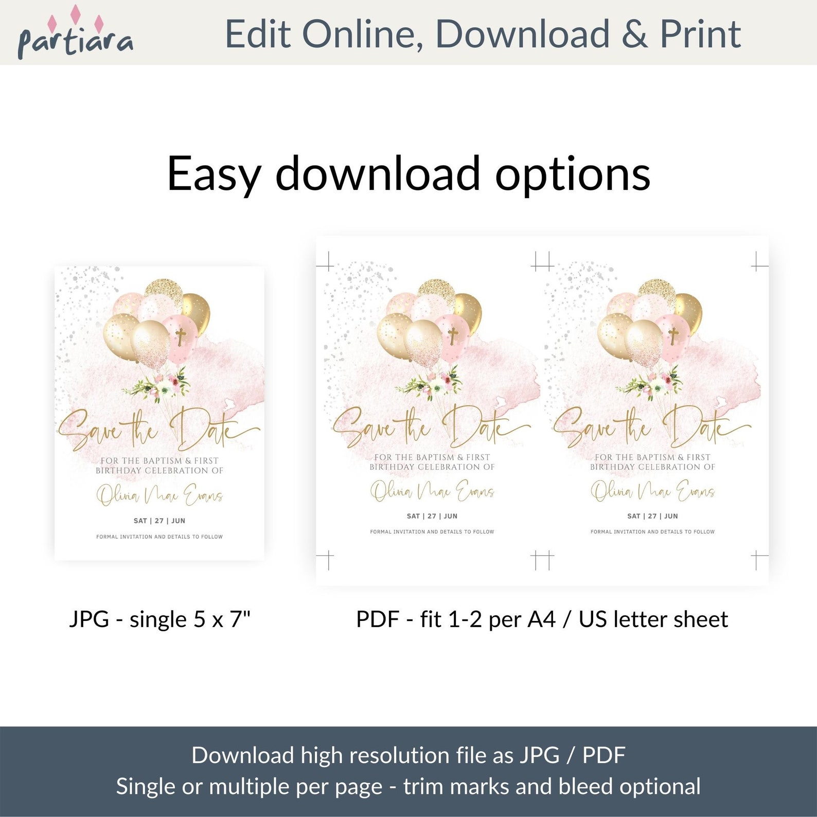 Save the Date Baptism Card Printable Girl 1st Birthday and - Etsy