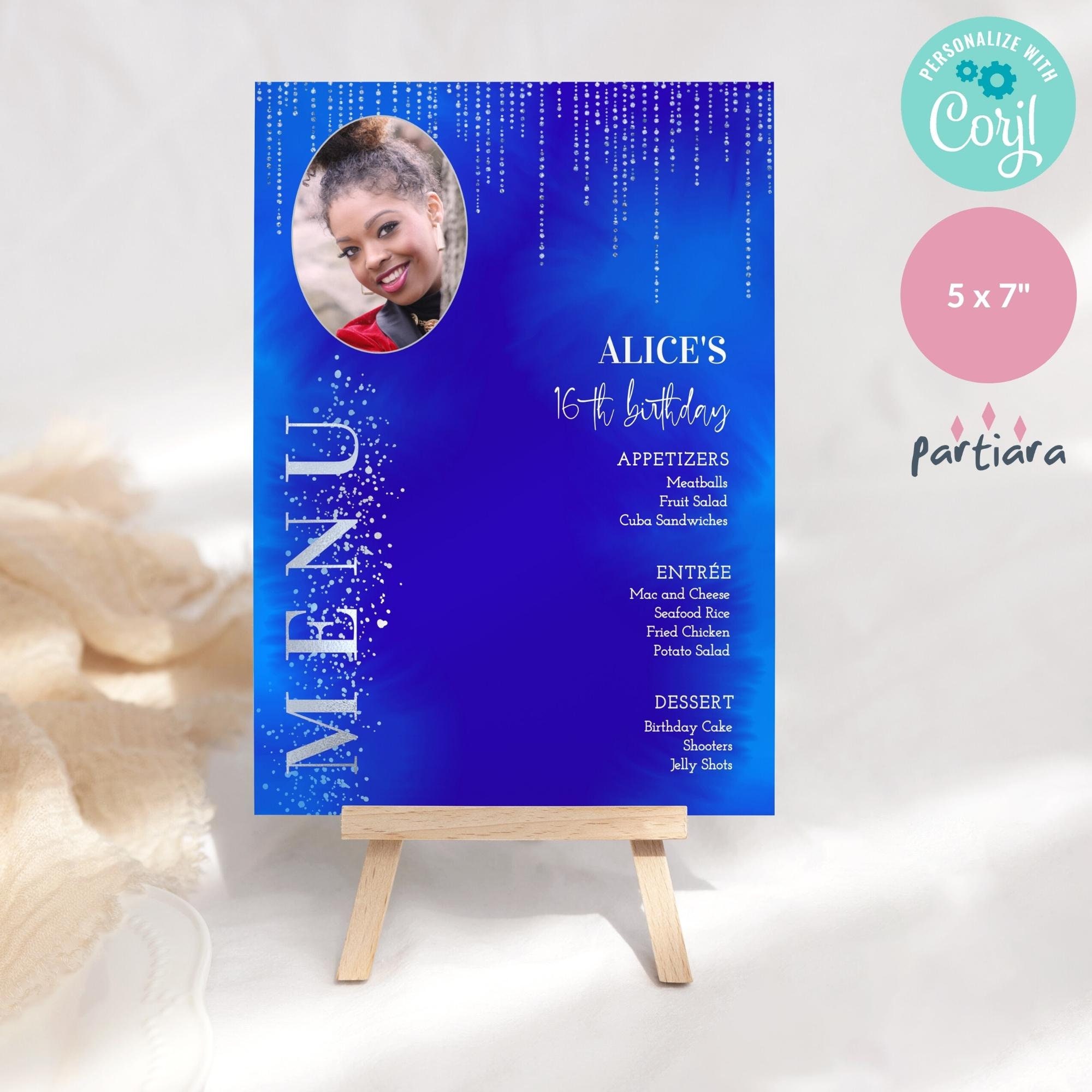 Blue Silver Menu Template, Photo Menu Cards Printable, Teen Girls ...