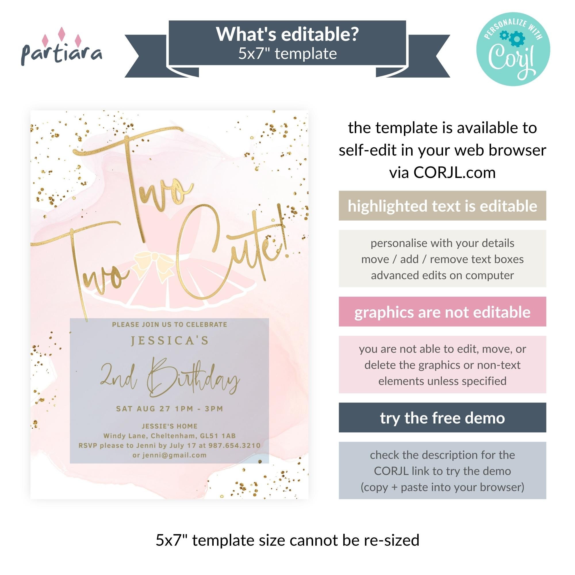 Two Two Cute Birthday Invitation Printable Girl's 2nd - Etsy