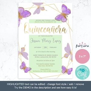 Purple Quinceanera Invite Butterfly Quince Dinner Party Invitation ...