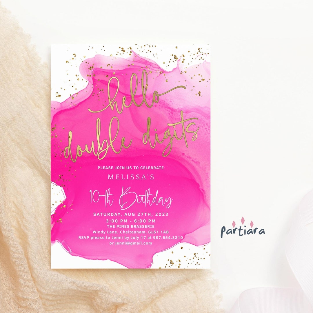 Hello Double Digits Invite Girls 10th Birthday Invitations Hot Fuchsia ...