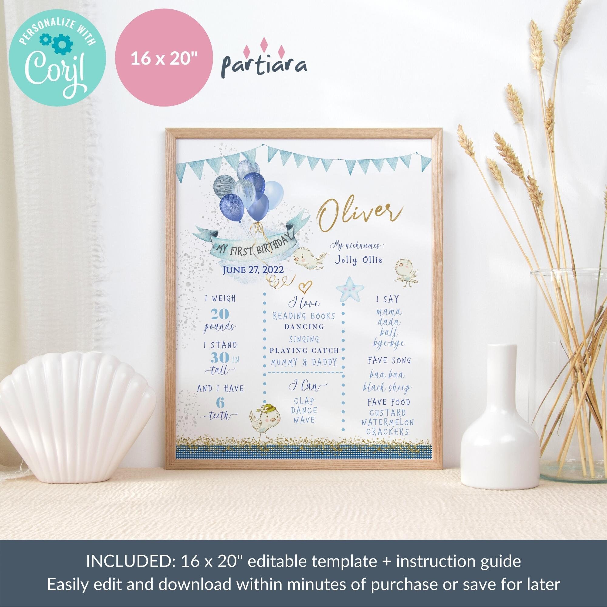 1st Birthday Milestone Chart Printable Boy Pastel Blue Silver - Etsy