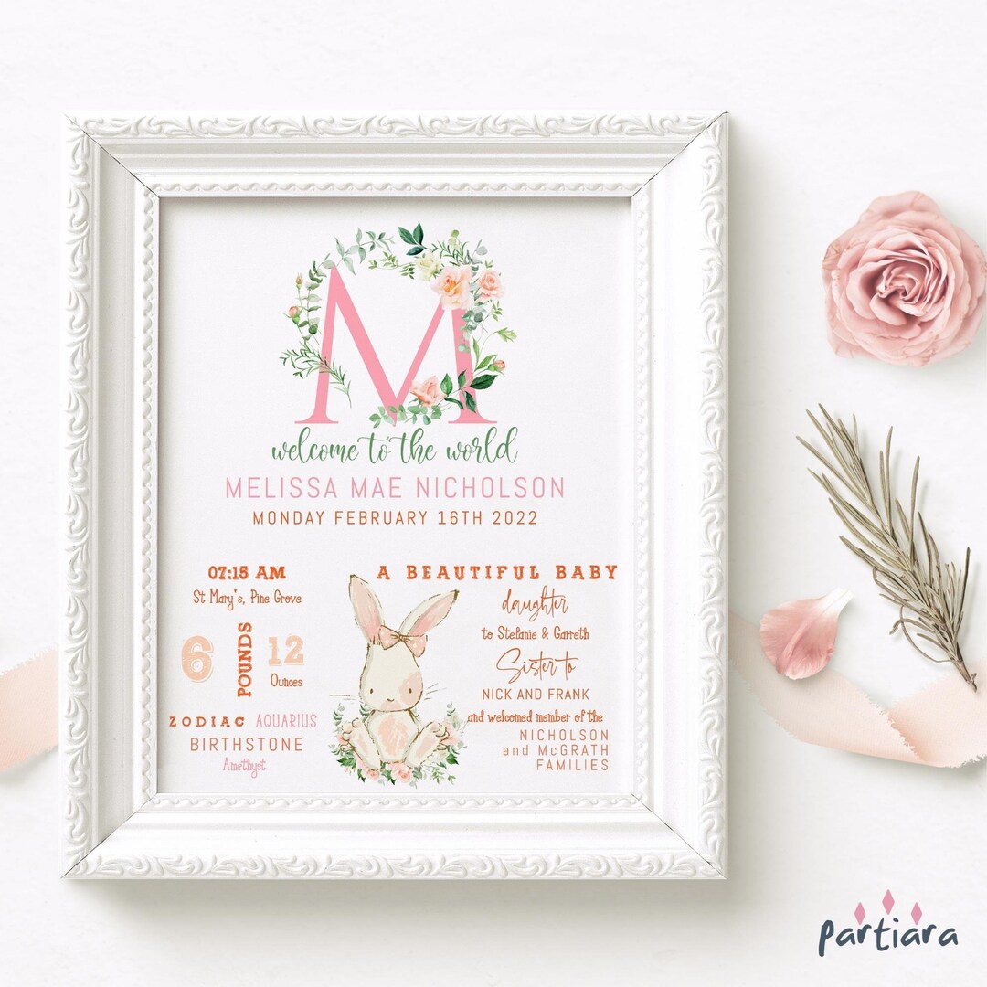 Editable Birth Stats Template, Bunny Birth Announcement Printable ...