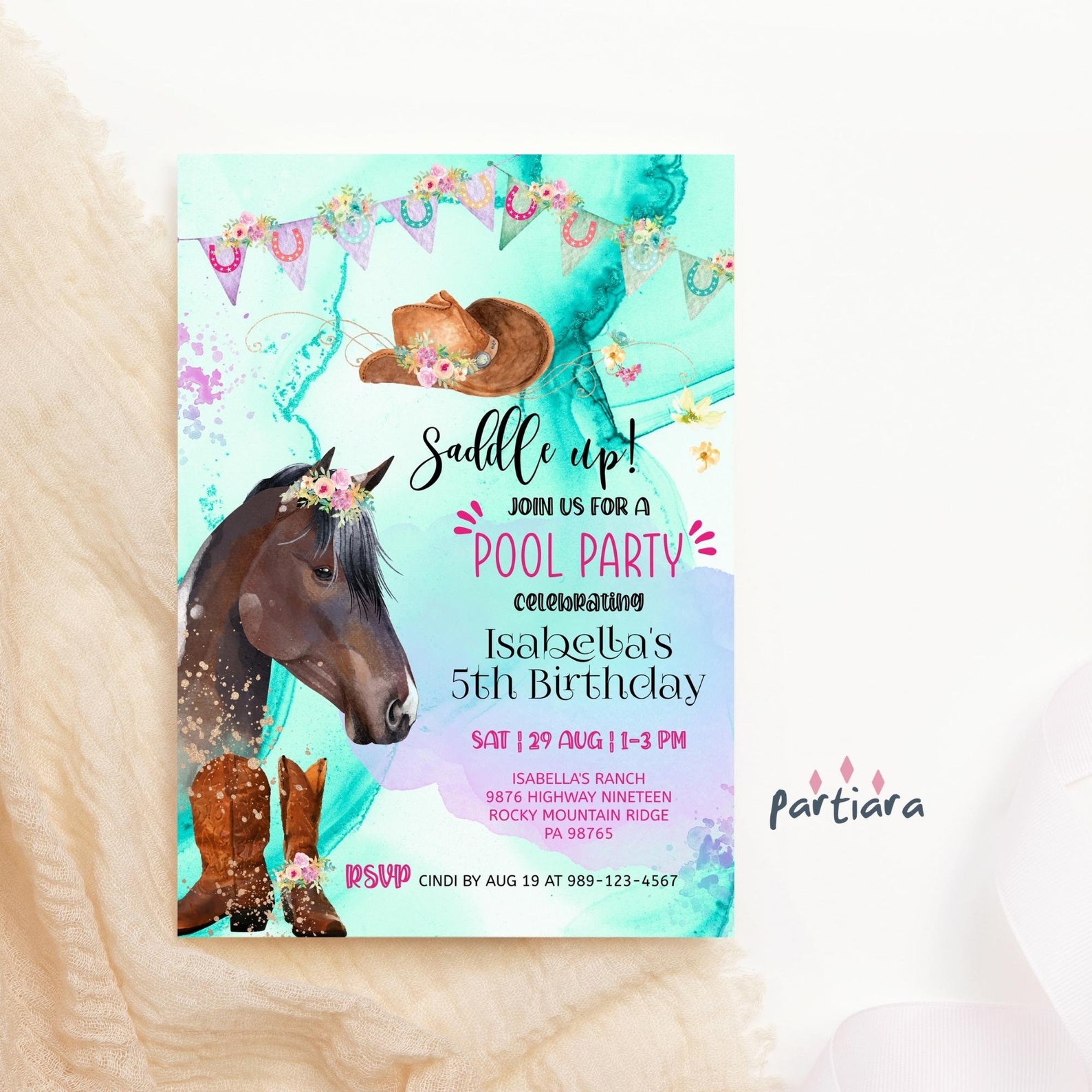 Horse Birthday Invite Pool Party Girl Ranch Rodeo Cowgirl - Etsy