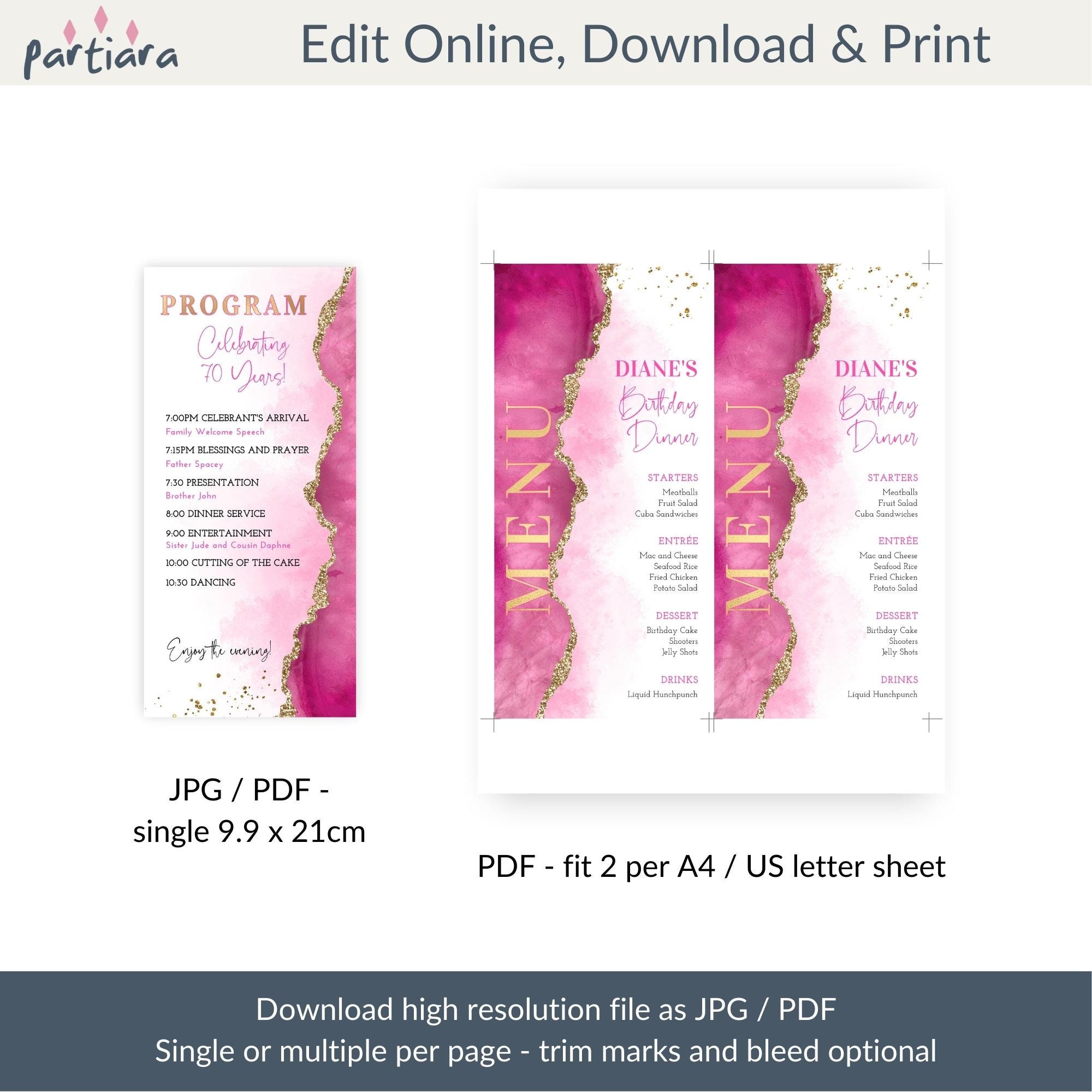 Pink Birthday Program Template, Ladies Menu Card With Programs ...