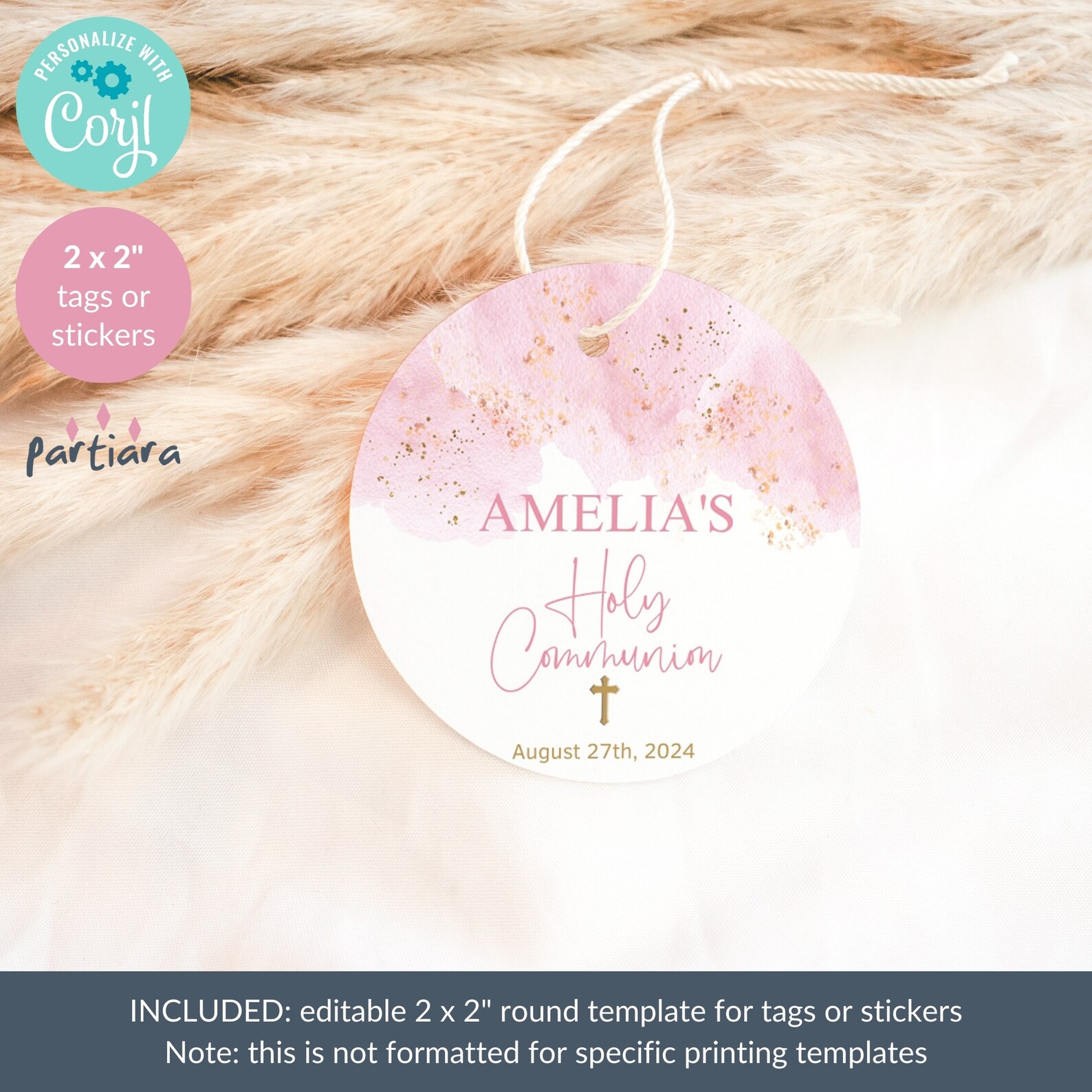 Holy Communion Tag Template for Girls: Pink Baptism or Christening ...