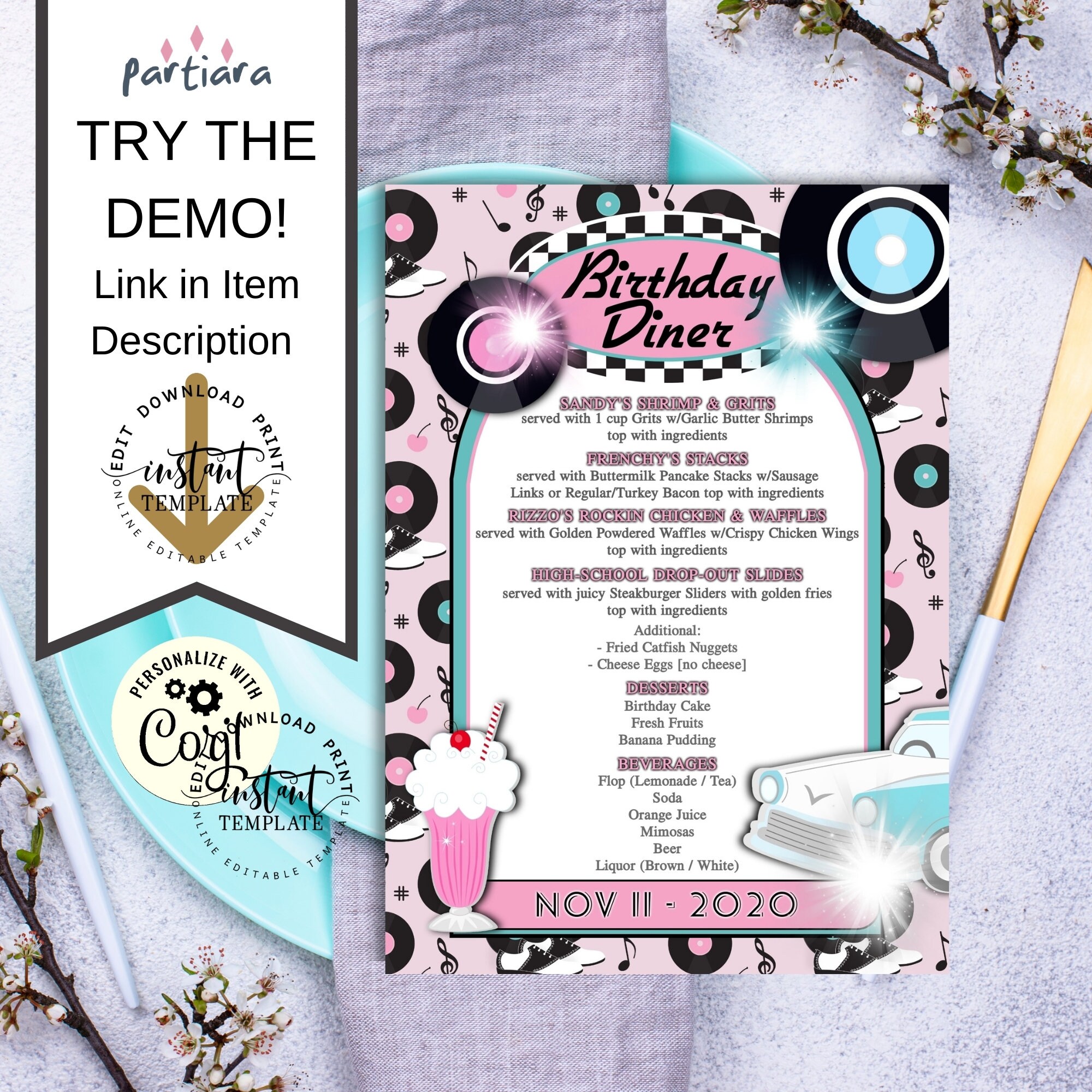 Editable 50s Diner Menu Card Template Retro Birthday Party | Etsy Australia