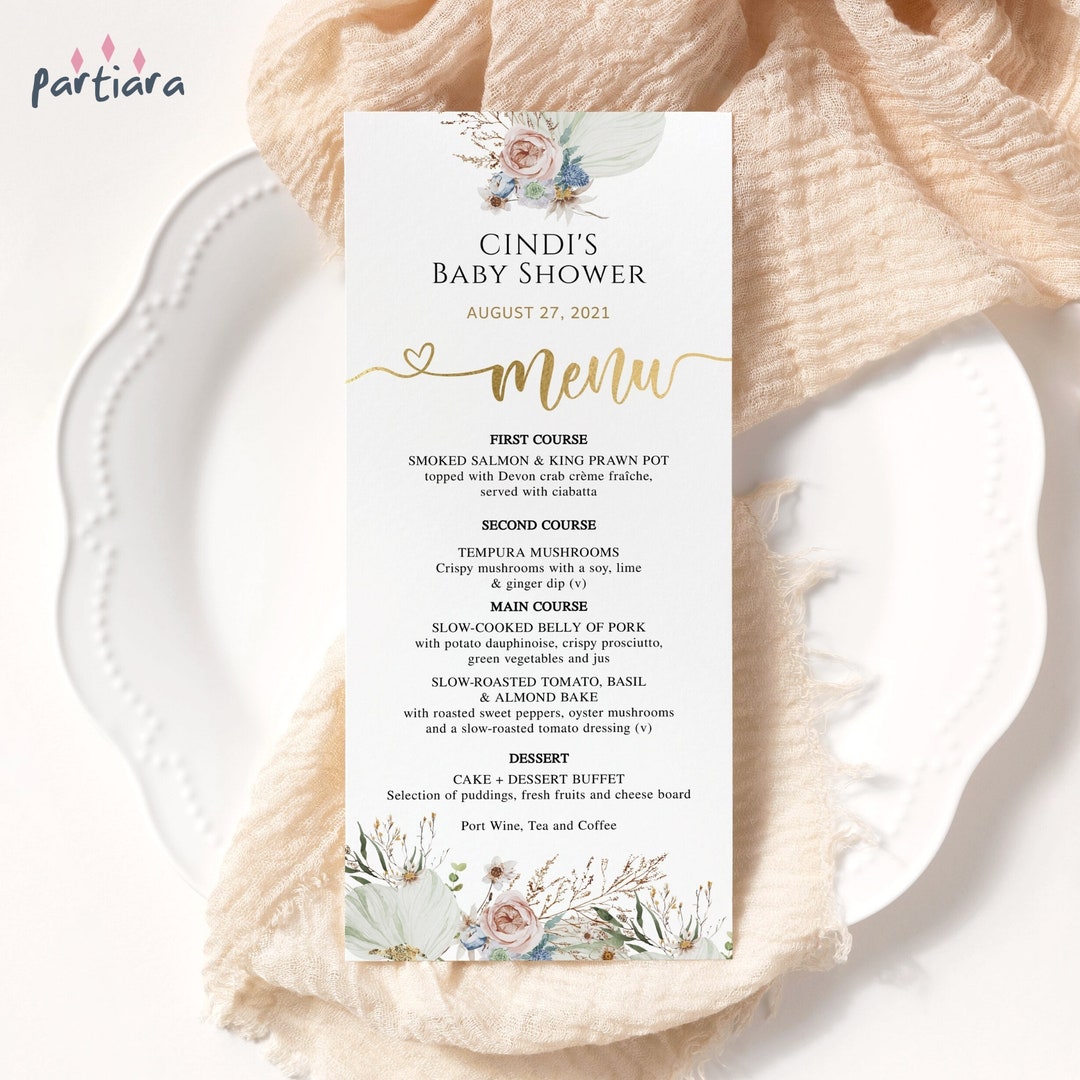 Editable Baby Shower Menu Pampas Grass Floral Table Plate Menus ...
